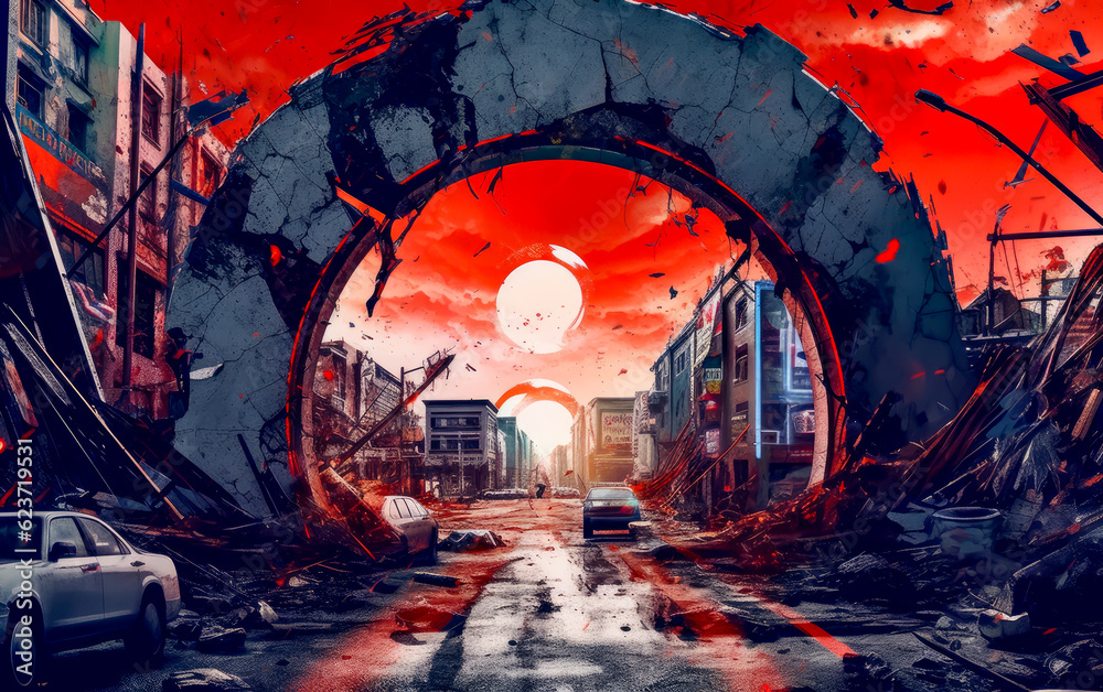 Scene of a destroyed city in anime style, with the sky red Stock ...