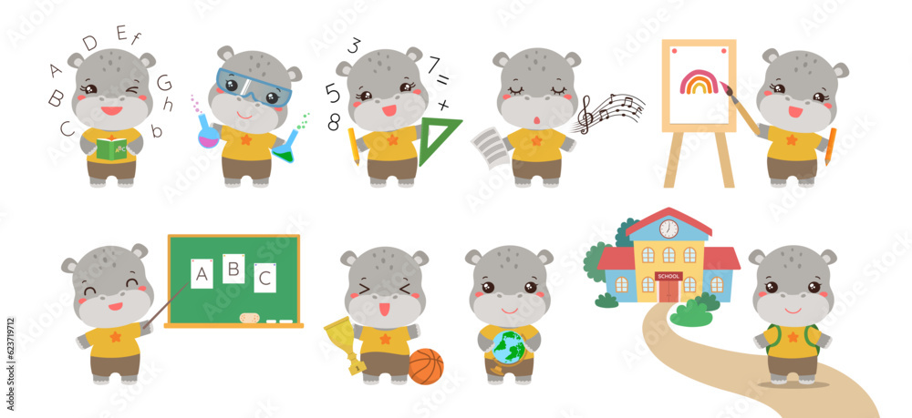 Cute hippo student school children vector. Animal character design for ...