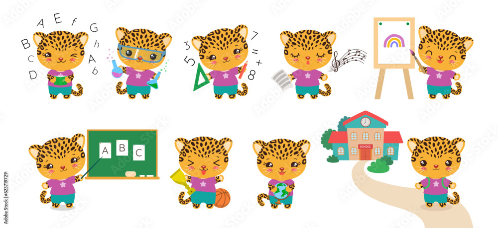 Back to school mascot set. Kawaii leopard elementary student. Cartoon ...