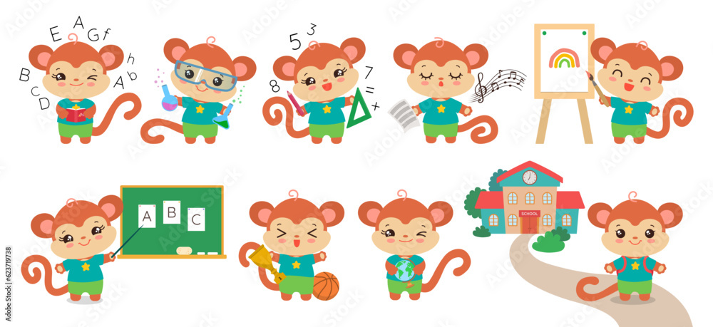 School children vector. Cute animal student character design for ...