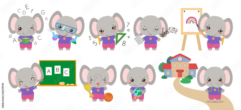 Back to school animal set. Kawaii elephant kid - student of elementary ...