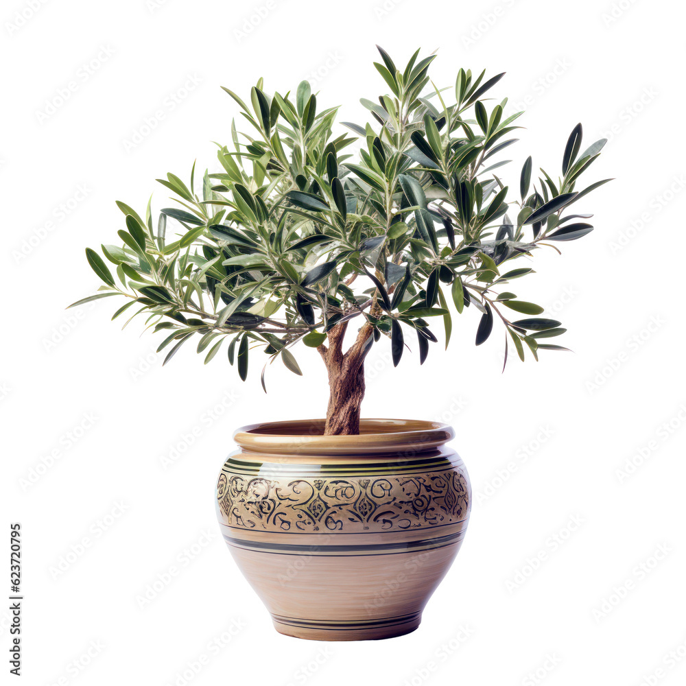 Olive tree in a pot isolated on transparent background, green foliage ...