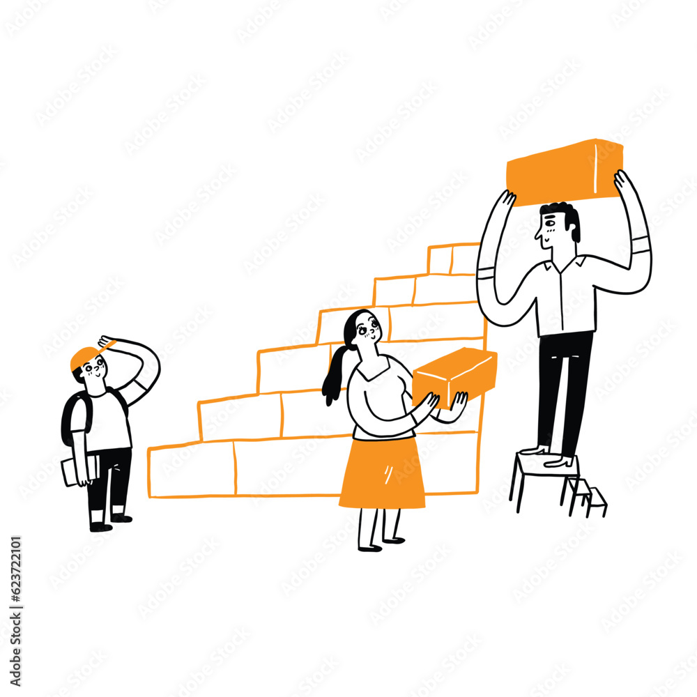 Parents are building a structure of stairs for their children to step ...