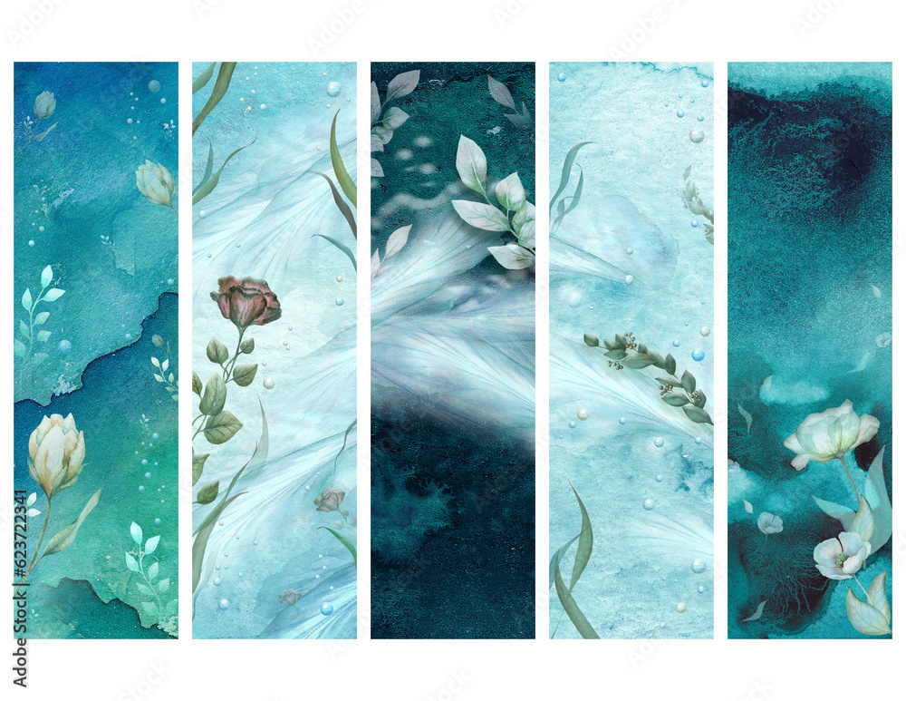 5 Watercolor Bookmarks with Underwater Flowers on Letter size with a ...