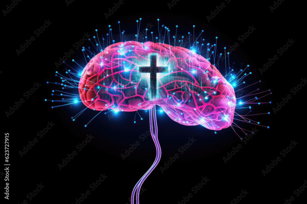 Christian Artificial Intelligence. Human brain with a cross. Stock ...