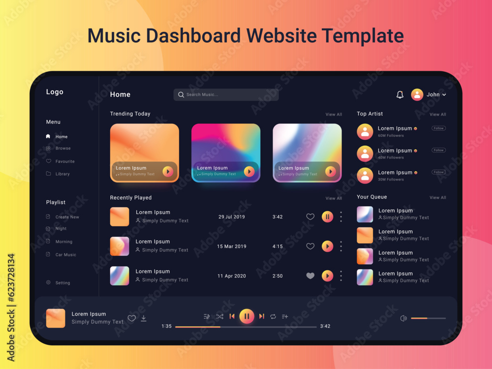 Music dashboard website template editable and vector Stock Vector ...
