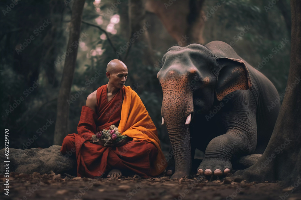 Buddhist Monk with an Elephant love and kindness of Buddhism Stock ...