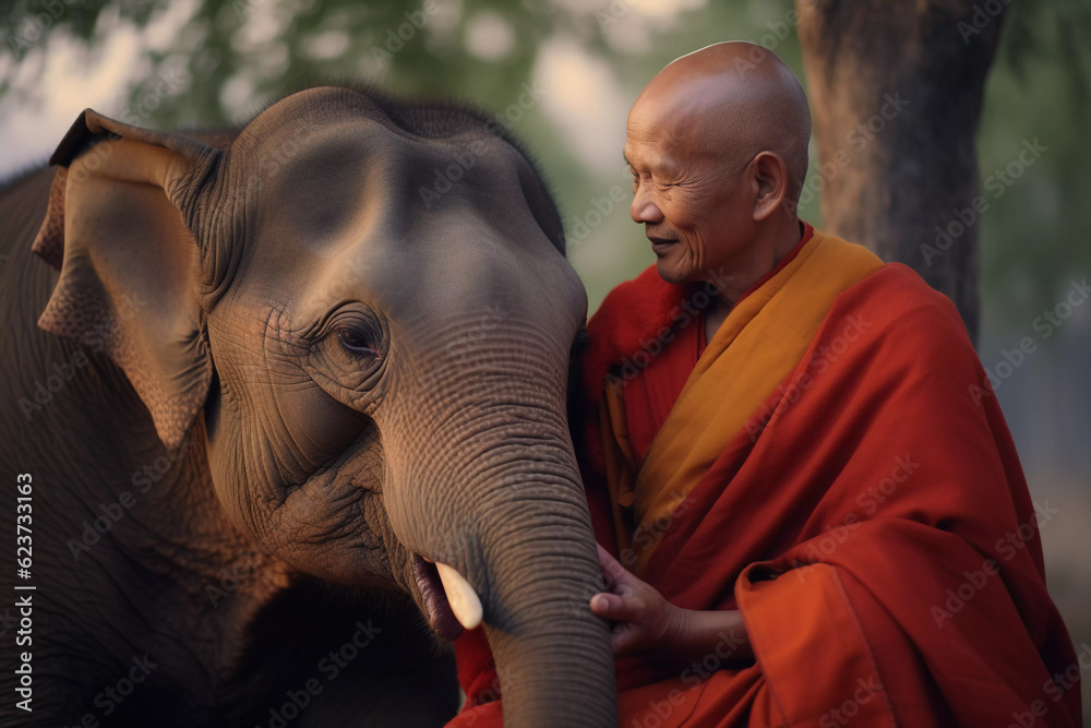 Buddhist Monk with an Elephant love and kindness of Buddhism Stock ...