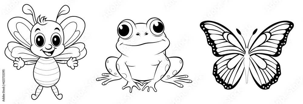 Small creatures - cute Bee, Frog and Butterfly, simple thick lines kids ...