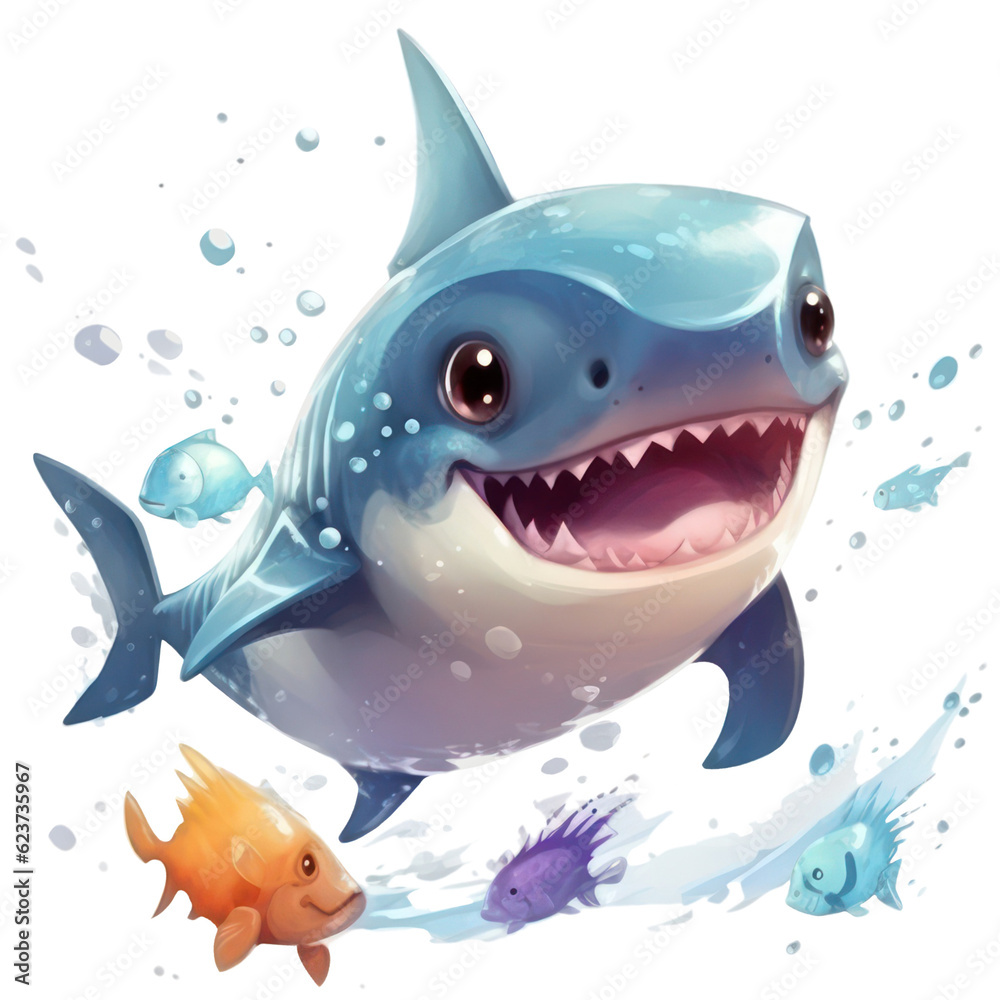 Cute joyful baby shark swimming with fishes cartoon illustration, funny ...