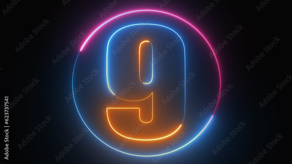 Neon text 9 with neon circle, number nine glowing in the dark, pink ...