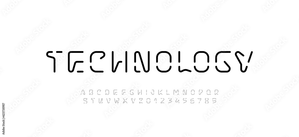 Technology font, digital alphabet, uppercase Latin letters from A to Z ...