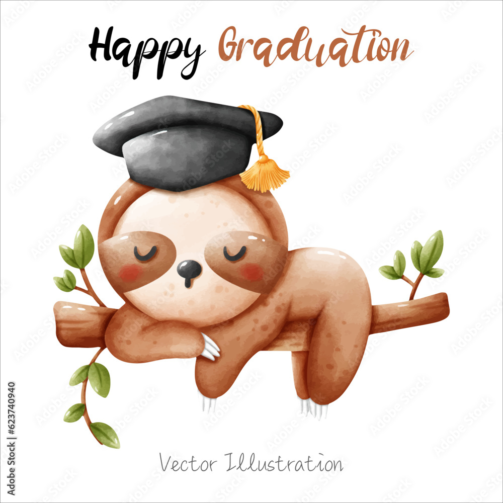 Funny Sloth Graduation Cute Watercolor Vector File , Clipart cartoon ...