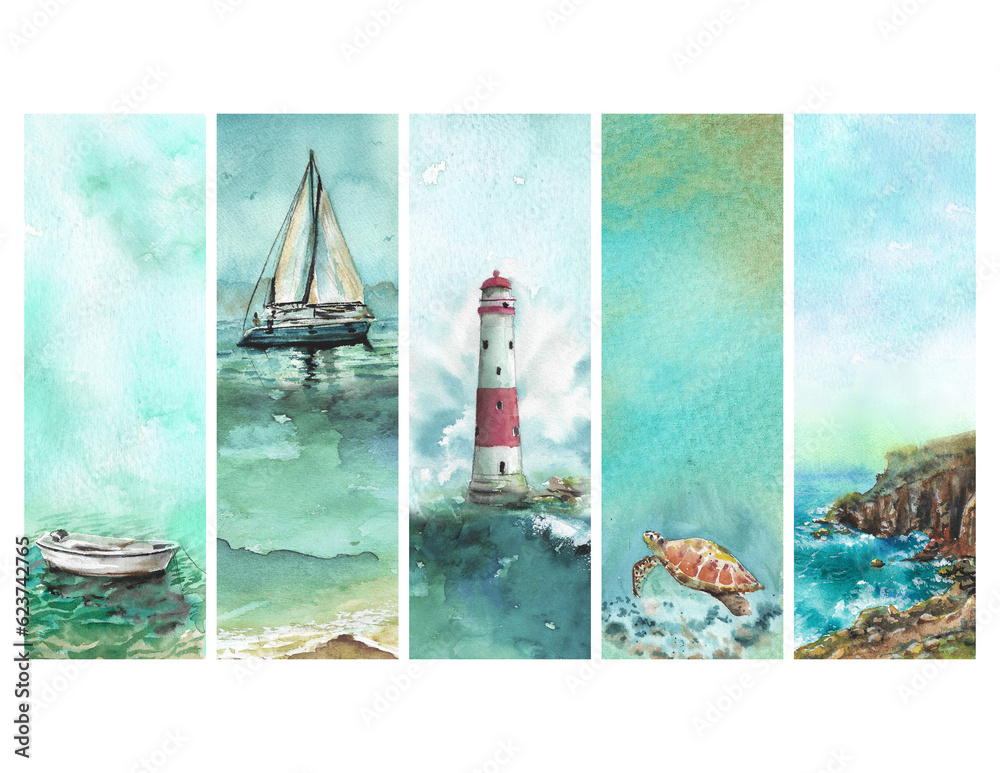 Set of 5 Watercolor Bookmarks with Sea Images on Letter size with a ...