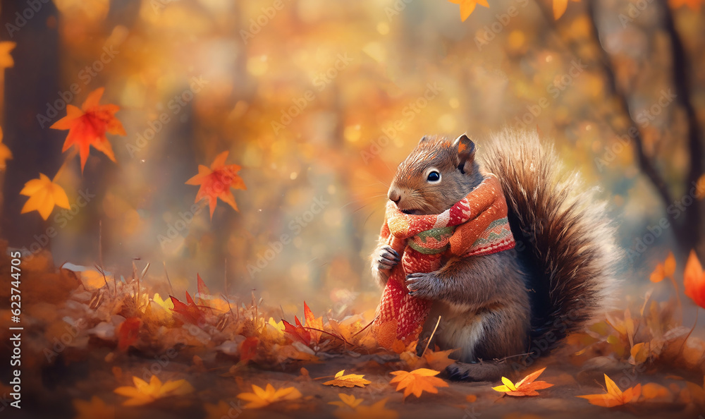Super cute funny squirrel wearing a scarf in beautiful Fall landscape ...