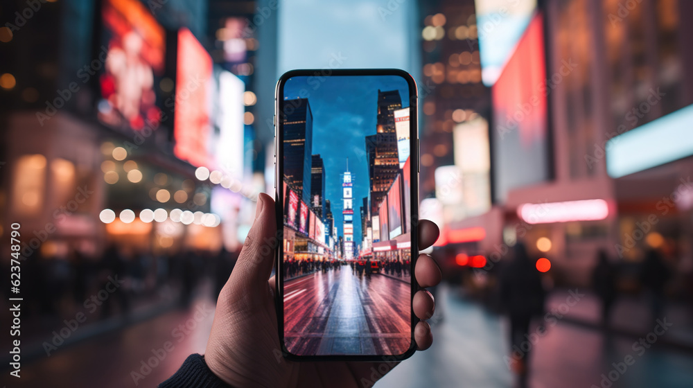 Taking photo of modern city in evening with smartphone, focus on hand ...