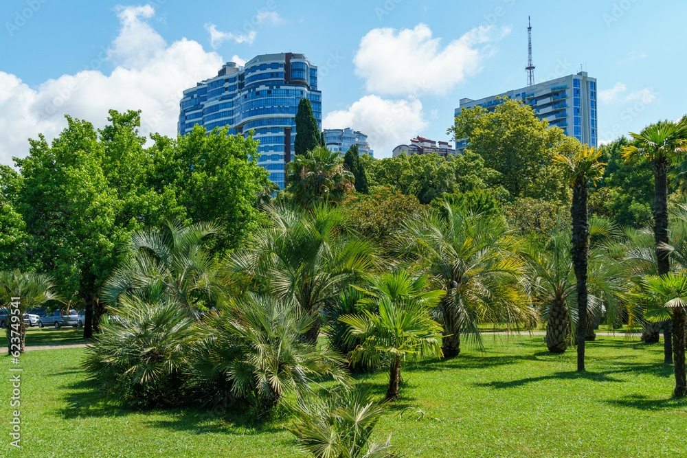 Beautiful modern multi-storey residential buildings among palm trees in ...