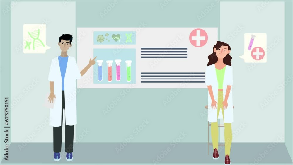 2D animation illustration of male and female doctors telling important ...
