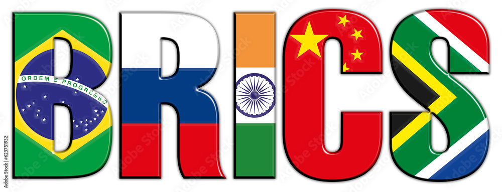 BRICS summit, name with flags of the countries, illustration on the ...