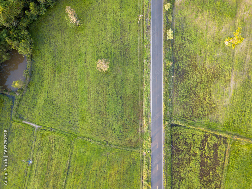 Road aerial of top view. top view of rice farm road. Top view street ...