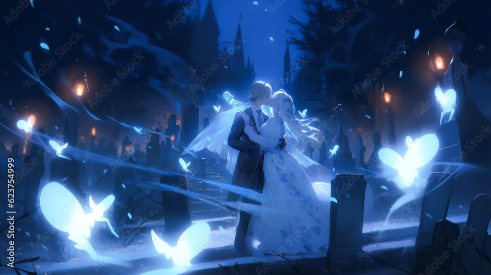 Scary and romantic scene, a ghost couple sharing a kiss, cute and ...