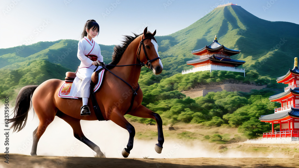 A japanese girl wearing traditional kimono riding on a warhorse ...