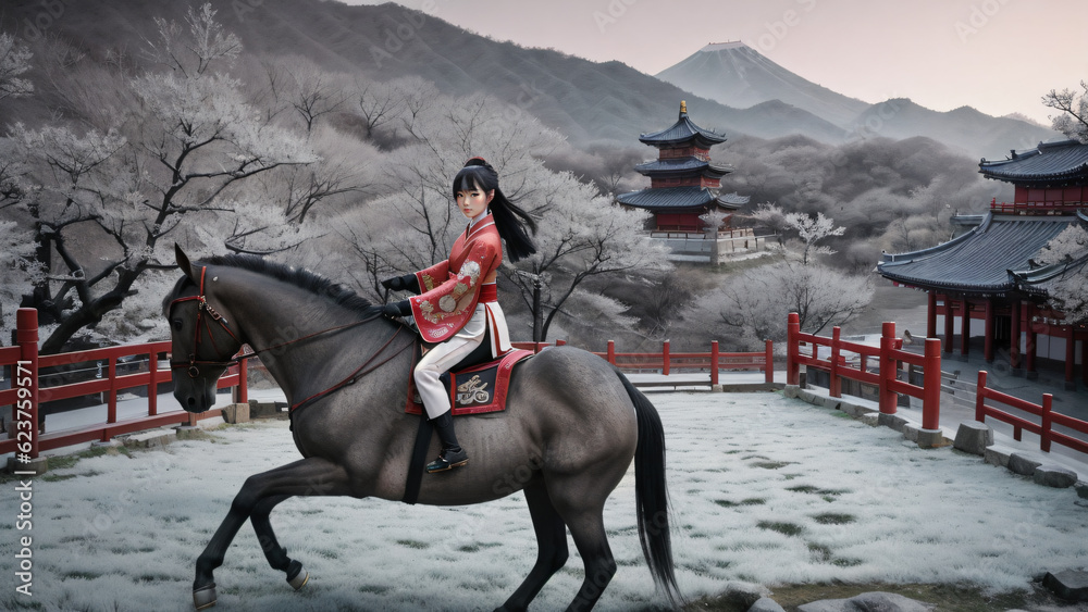 A japanese girl wearing kimono riding on a warhorse. Generative AI ...
