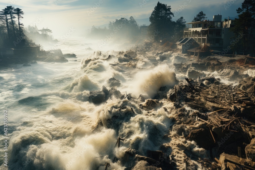 Devastating tsunami, portraying the immense destruction and chaos left ...