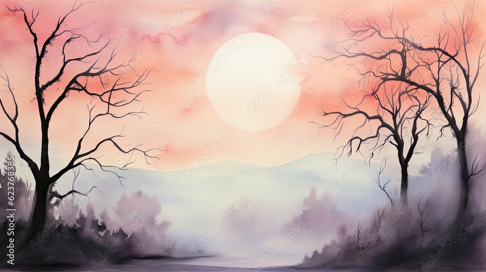 Foggy Spooky forest watercolor background. Fantasy landscape with ...