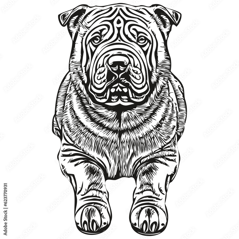 Chinese Shar Pei dog outline pencil drawing artwork, black character on ...
