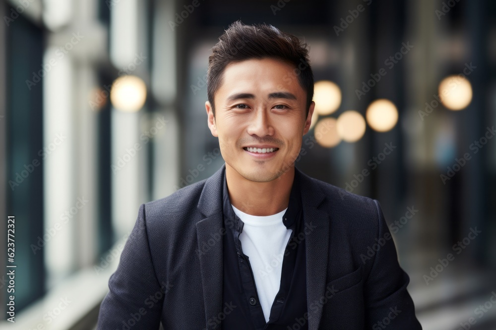 Portrait photography of a pleased Chinese man in his 30s wearing a chic ...