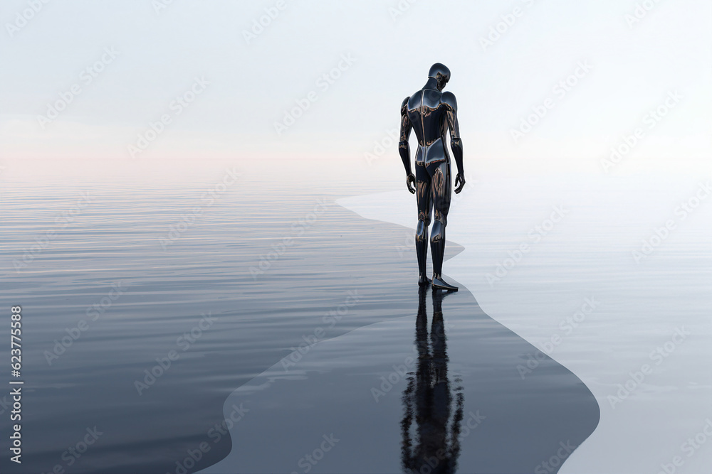 Image realistic render of futuristic machine robot steel statue ...