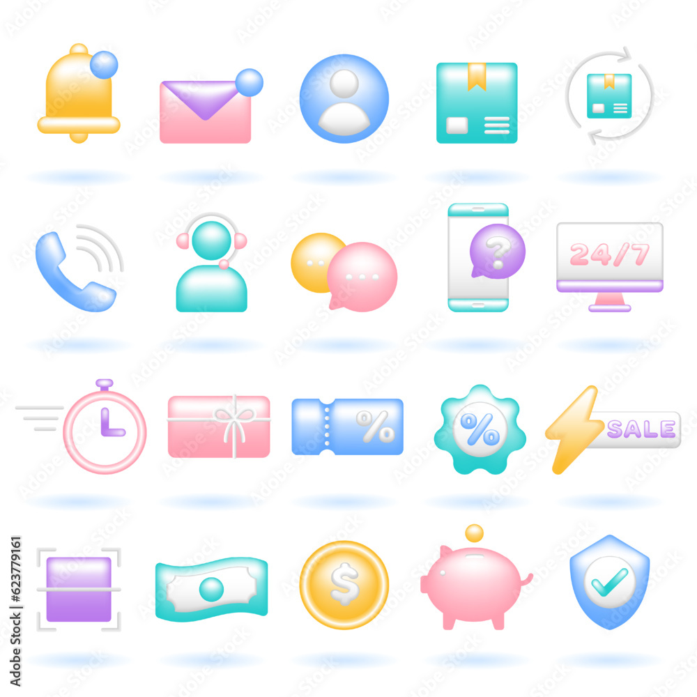 3D Icon Set of Online Shopping Concept. Social Customer Service ...