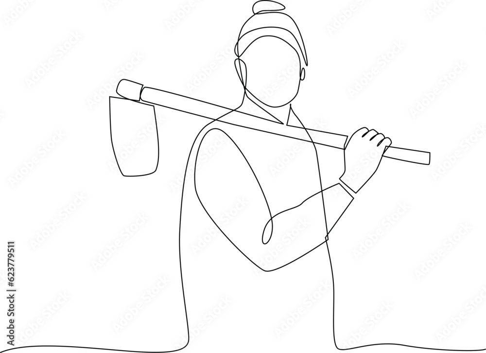 Man carrying a hoe drawing by simple continuous line. farmer minimalist ...