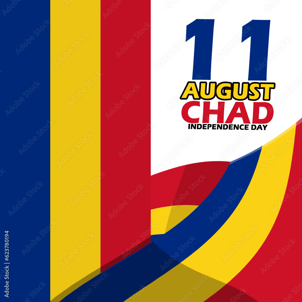 Chad flag with ribbons and bold text on white background to commemorate ...
