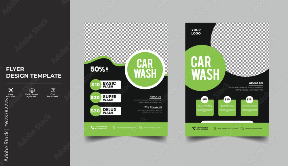 Car Cleaning Service Flyer Design, Vector layout design with car wash ...