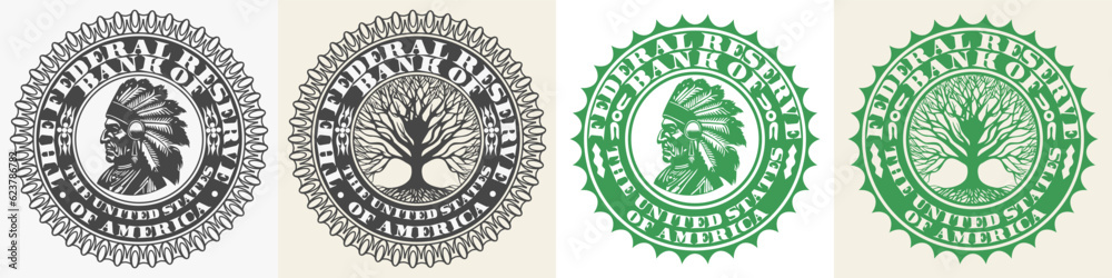 Vector set of fictional US bank seals with branching tree and Native ...