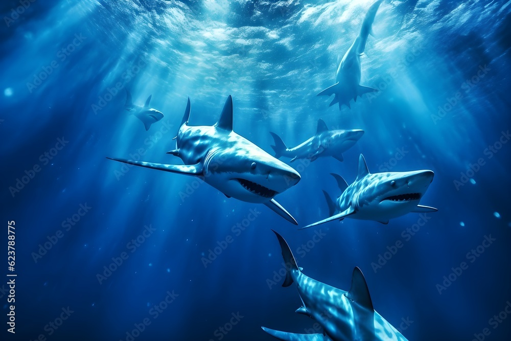 sharks swim in the deep sea Stock Photo | Adobe Stock