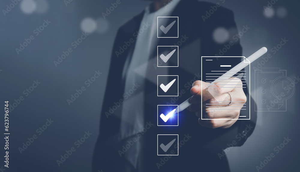 Businessman check mark electronic document review, approval ...