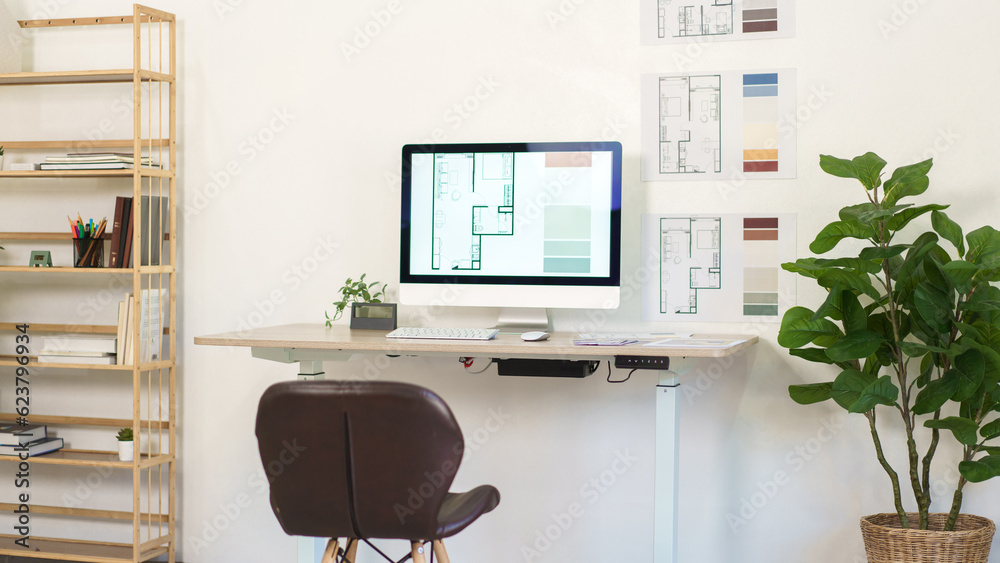 Architect concept, Computer and blueprint of house interior design with ...