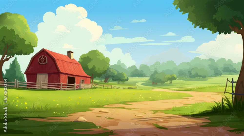 Farm cartoon style illustration background with barn and green nature ...