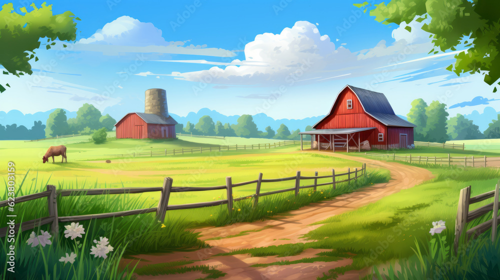 Farm cartoon style illustration background with barn and green nature ...