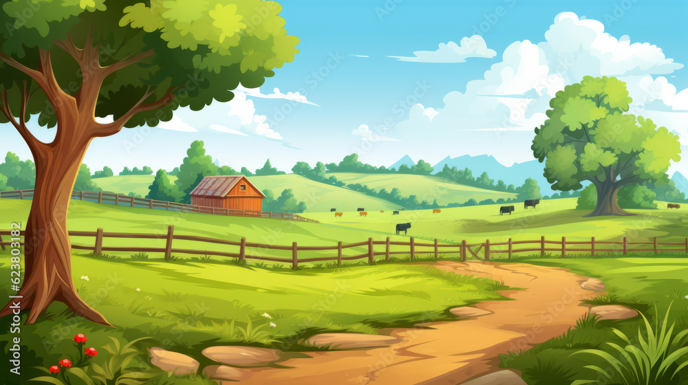 Farm cartoon style illustration background with barn and green nature ...