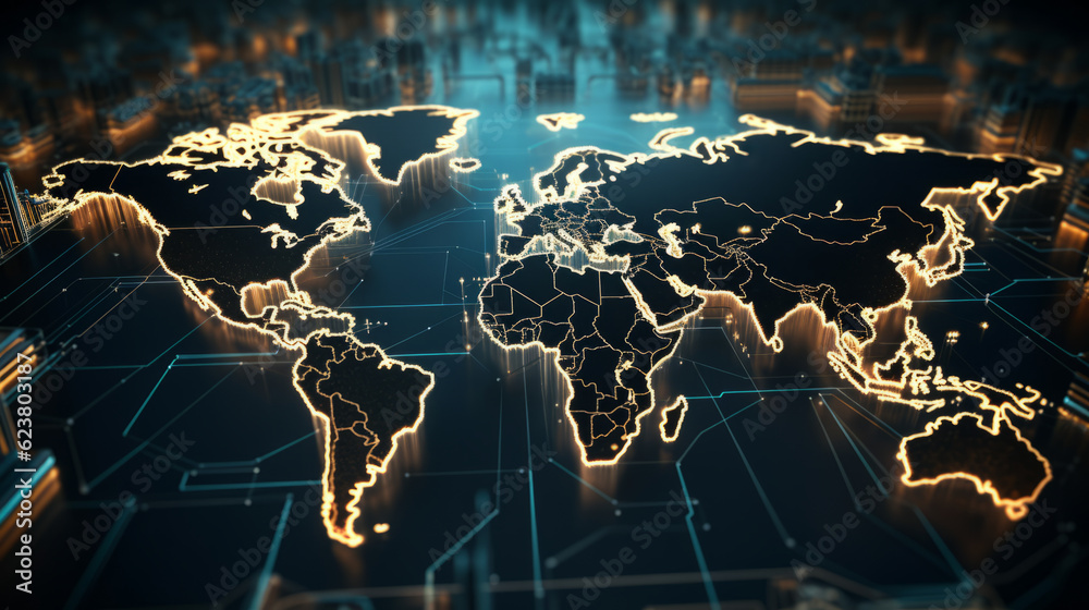Stylized map of the world with digital elements, such as circuit board ...