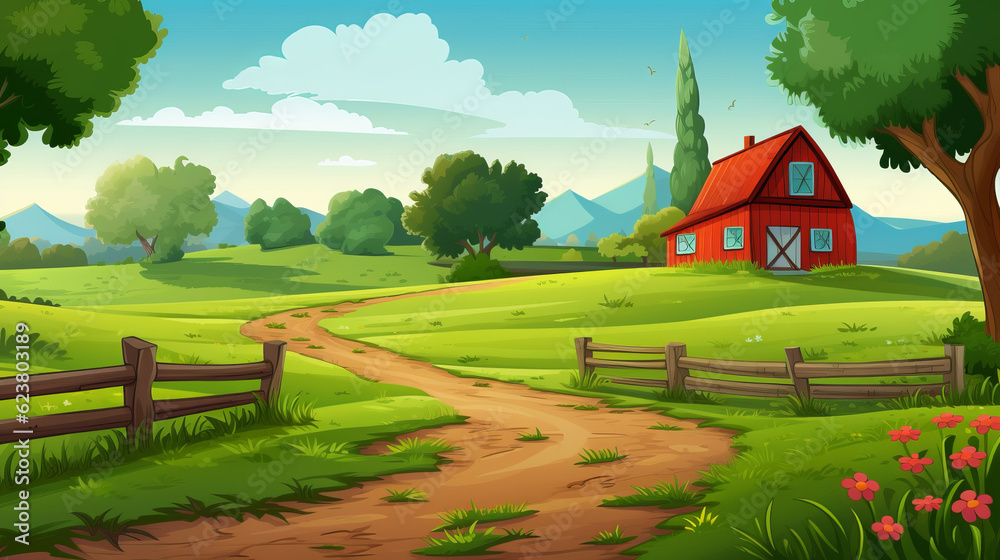 Farm cartoon style illustration background with barn and green nature ...