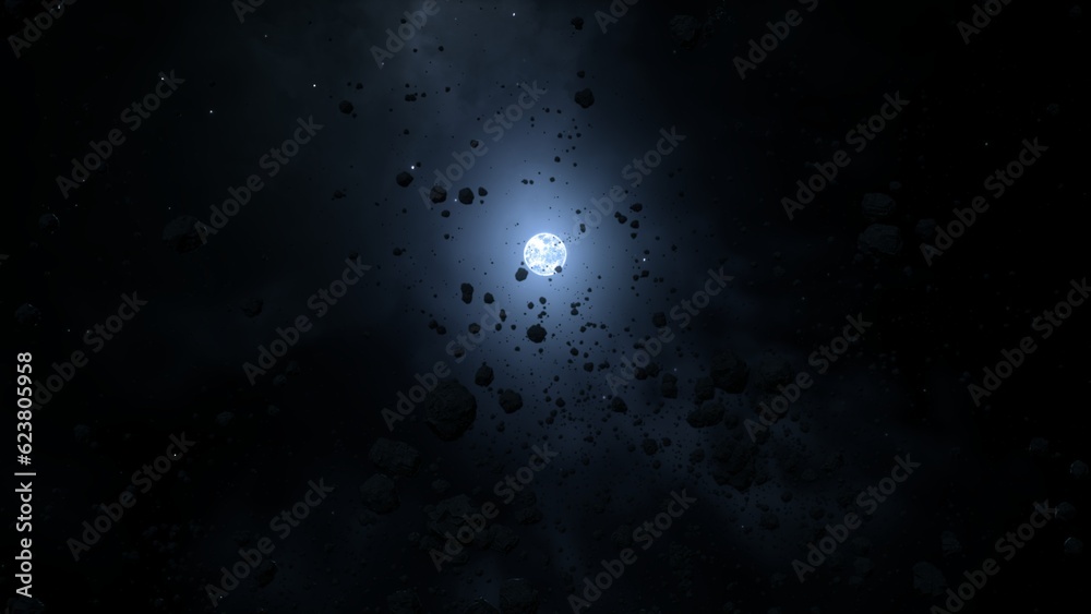 White dwarf star Sirius B glowing behind barren rocky asteroid field ...