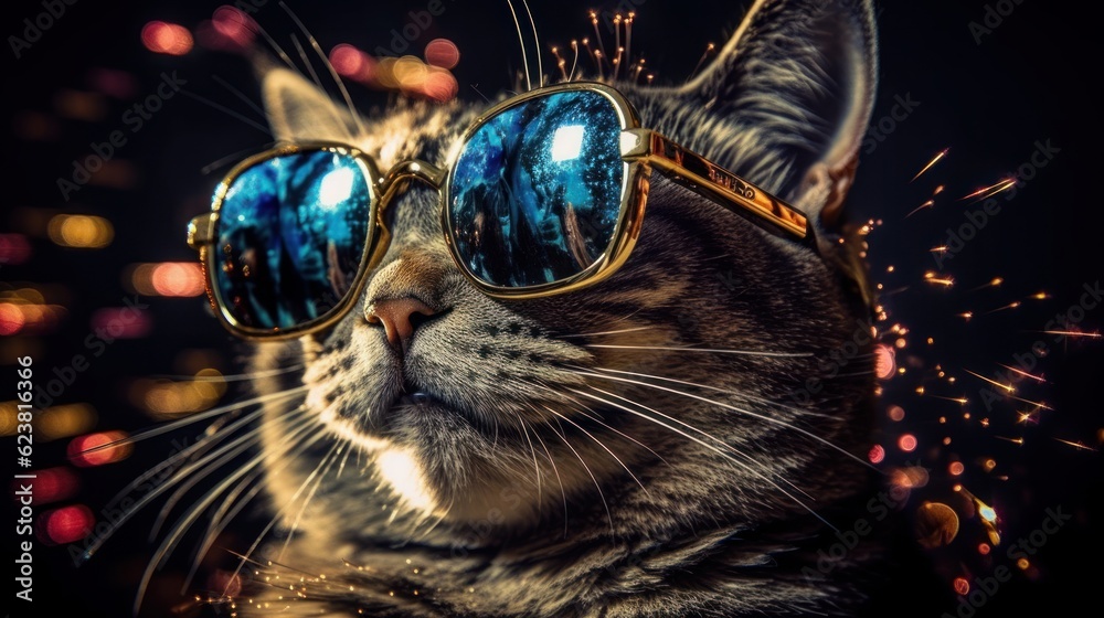 Cool bossy funny cat with sunglasses on black firework party background ...