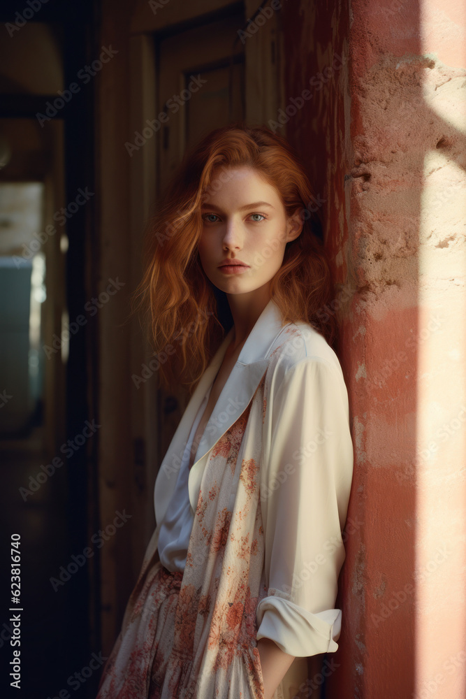 portrait of a woman/model/book character in small street in summer with ...