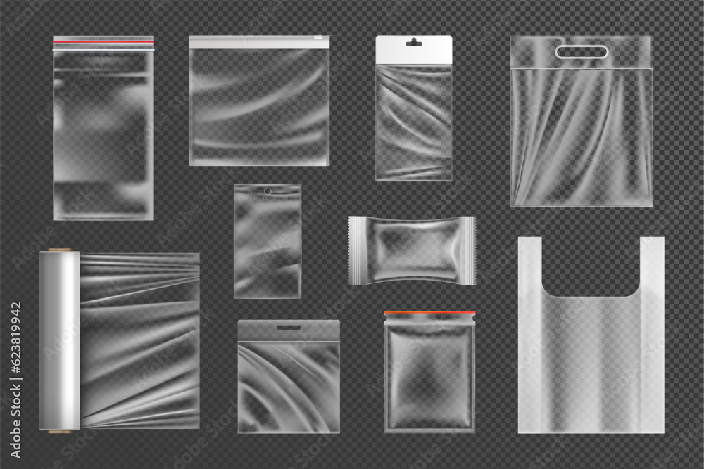 Plastic bag. Transparent package pouch, clear foil pack, 3d food or ...