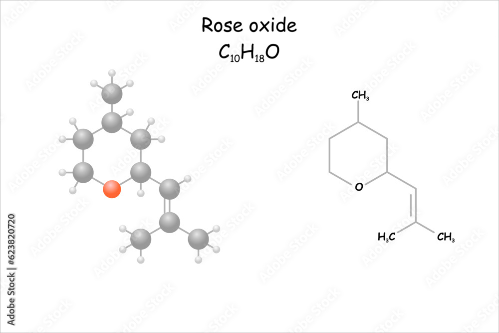 Stylized molecule model/structural formula of rose oxide. Important ...